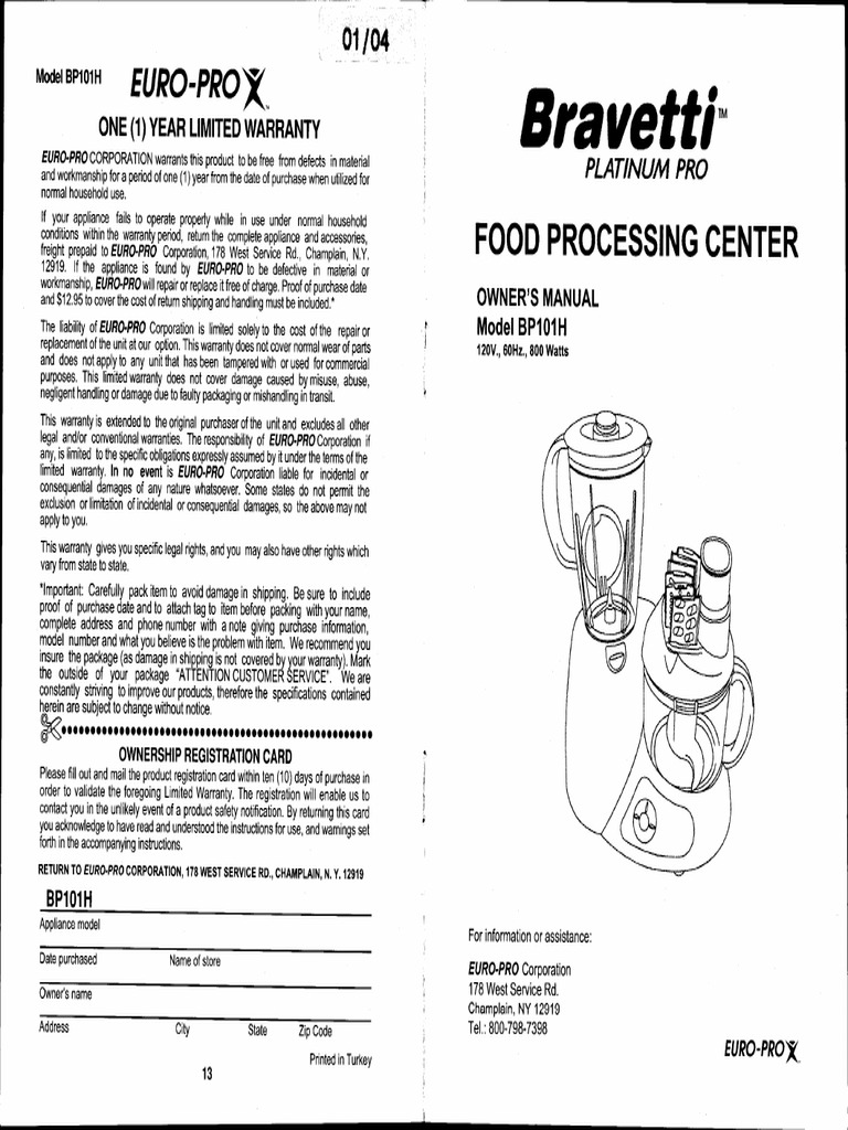 Bravetti Food Processing BP101H | PDF