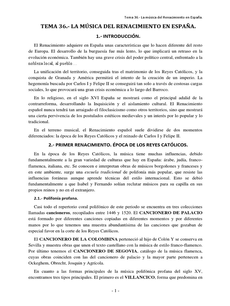 Tema 36.-La Música Del Renacimiento en España.: 1. - Introducción | PDF | Canciones | Renacimiento