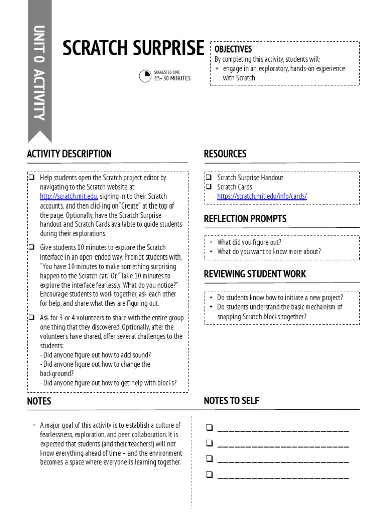 Unit 0 Getting Started Scratch Surprise Pdf Scratch Programming Language