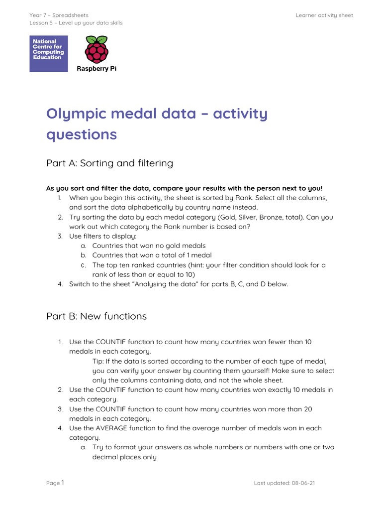 Year 7 Olympic Data Analysis in Excel | PDF | Spreadsheet | Computing