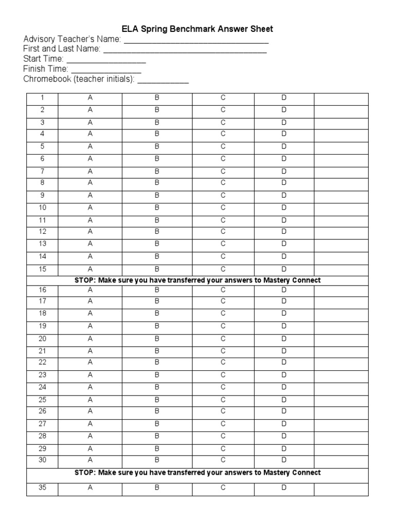 ELA Spring Benchmark Answer Sheet: STOP: Make Sure You Have Transferred ...