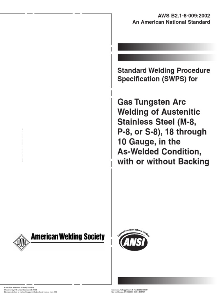 AWS B2.1-8-009 - Ed.2002 SWPS GTAW of SS in The As-Welded Condition, With or Without Backing ...