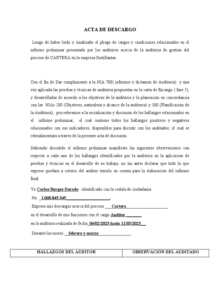 ACTA DE DESCARGO. | PDF | Auditoría | Contralor