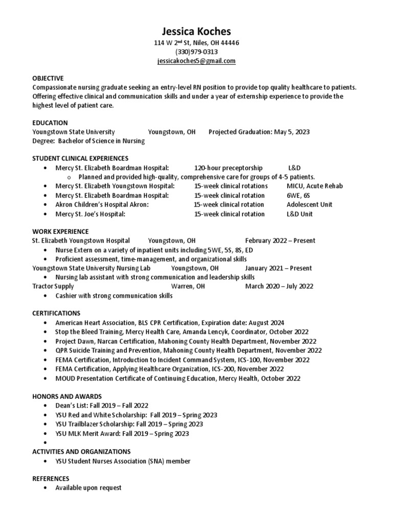 Jessica Koches - Resume | PDF | Nursing | Hospital