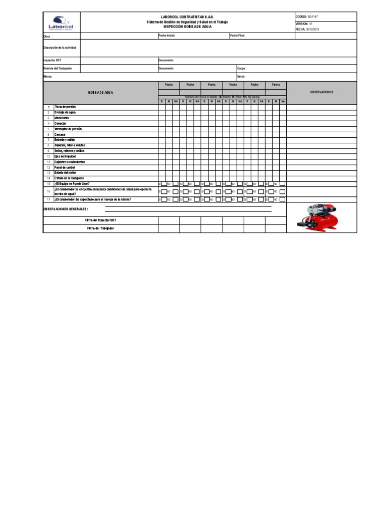 SG-F-67 Formato Inspección Bomba de Agua | PDF | Bienes manufacturados ...