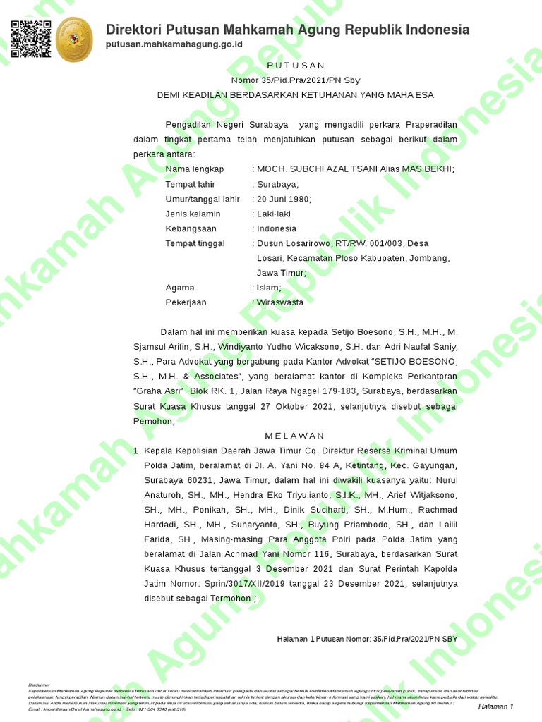 Putusan 35 Pid - Pra 2021 PN Sby 20221121095701 | PDF