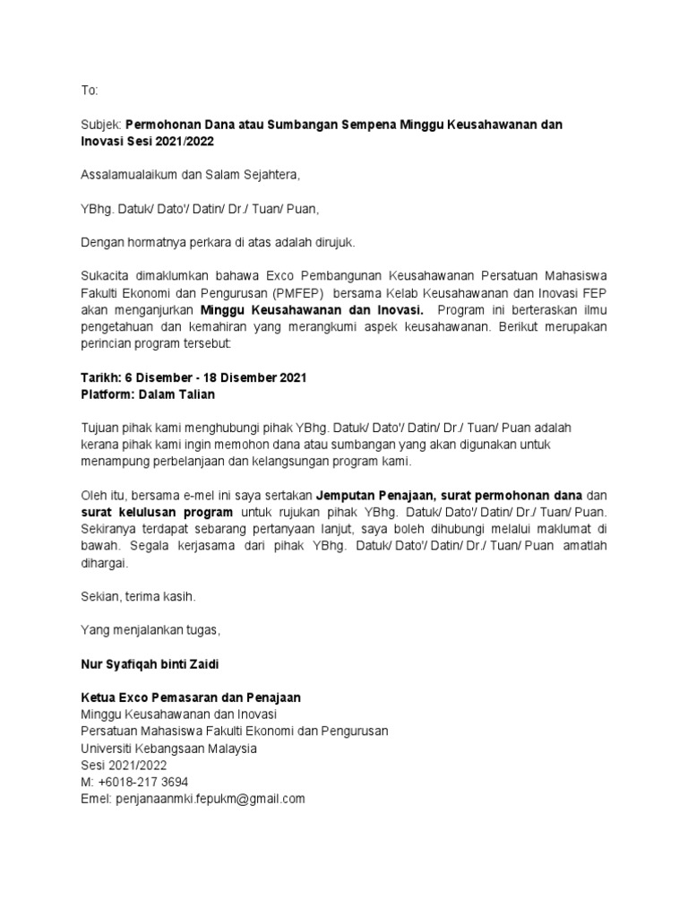 Draft Email Permohonan Dana Luar | PDF