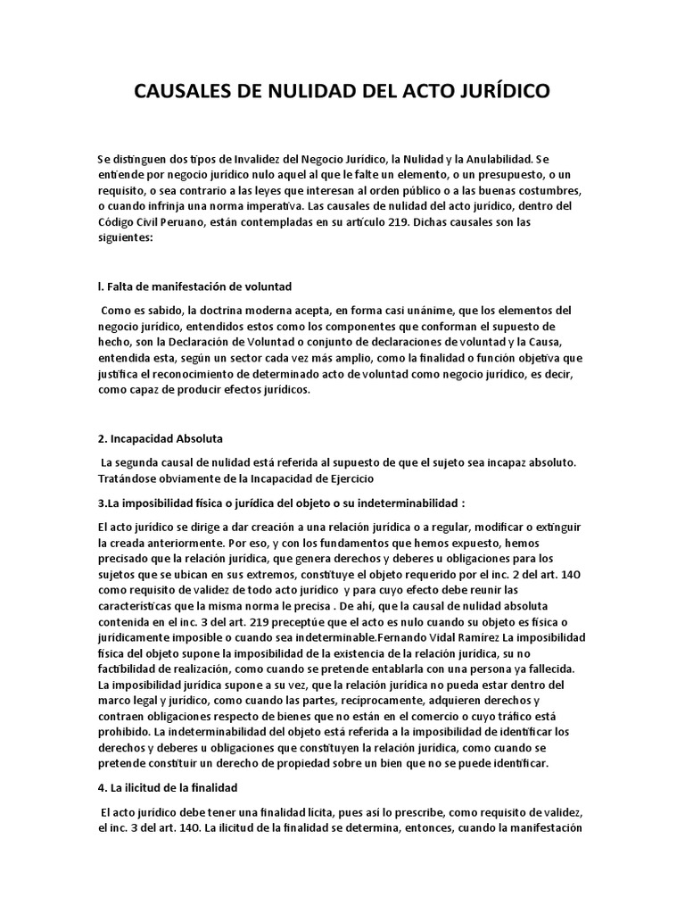 Causales de Nulidad Del Acto Jurídico | Descargar gratis PDF | Nulo (ley) | Justicia