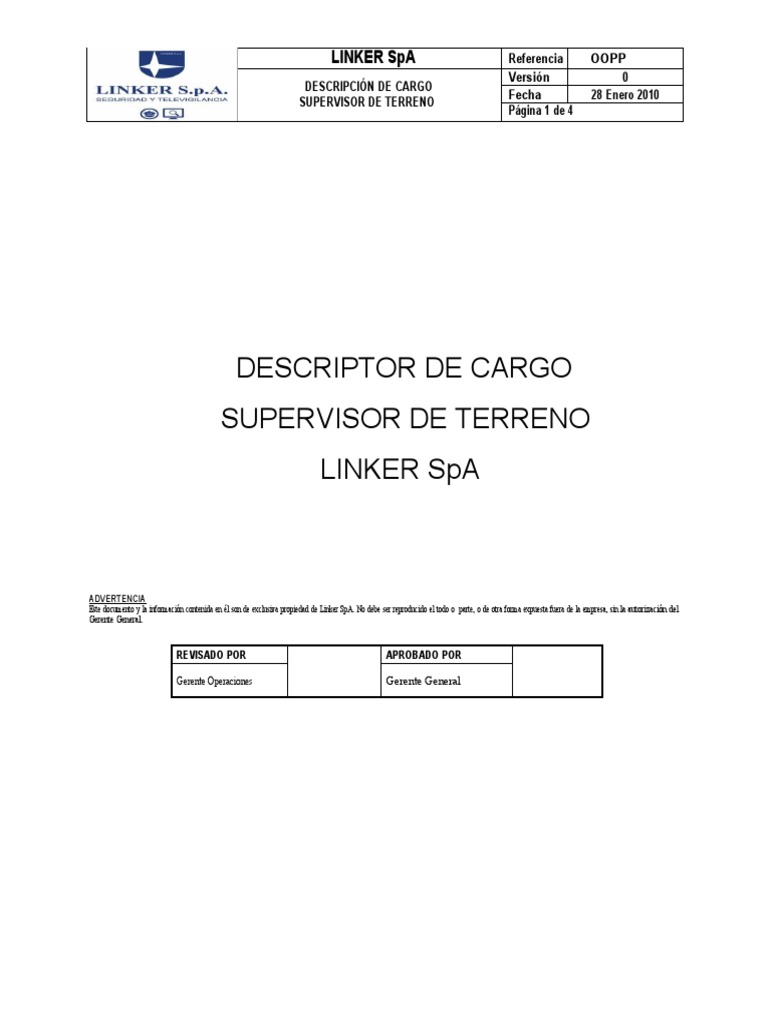 Descriptor de Cargo Supervisor de Terreno | PDF | Business