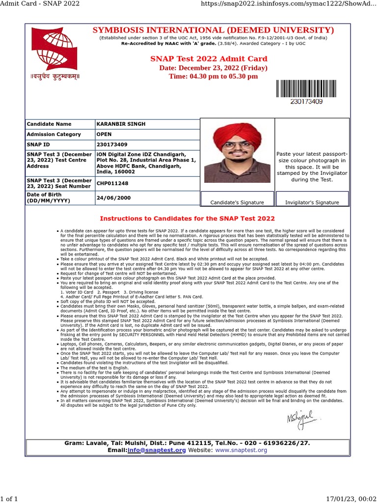 SNAP Test 2022 Admit Card | PDF | Identity Document | Government And ...