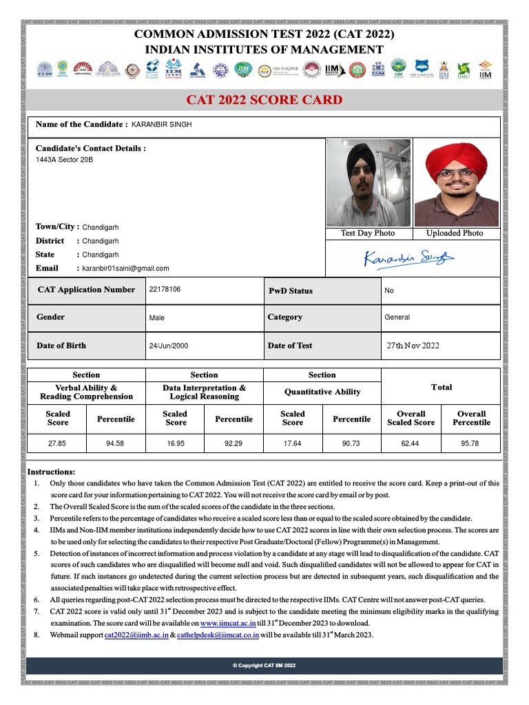 Cat 2022 Score Card | Download Free PDF | Qualifications | Student ...