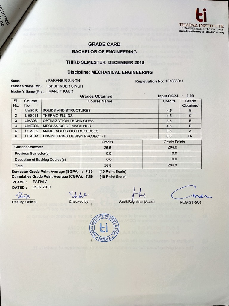 Thapar University Mechanical Engineering Grade Card | PDF | Engineering ...