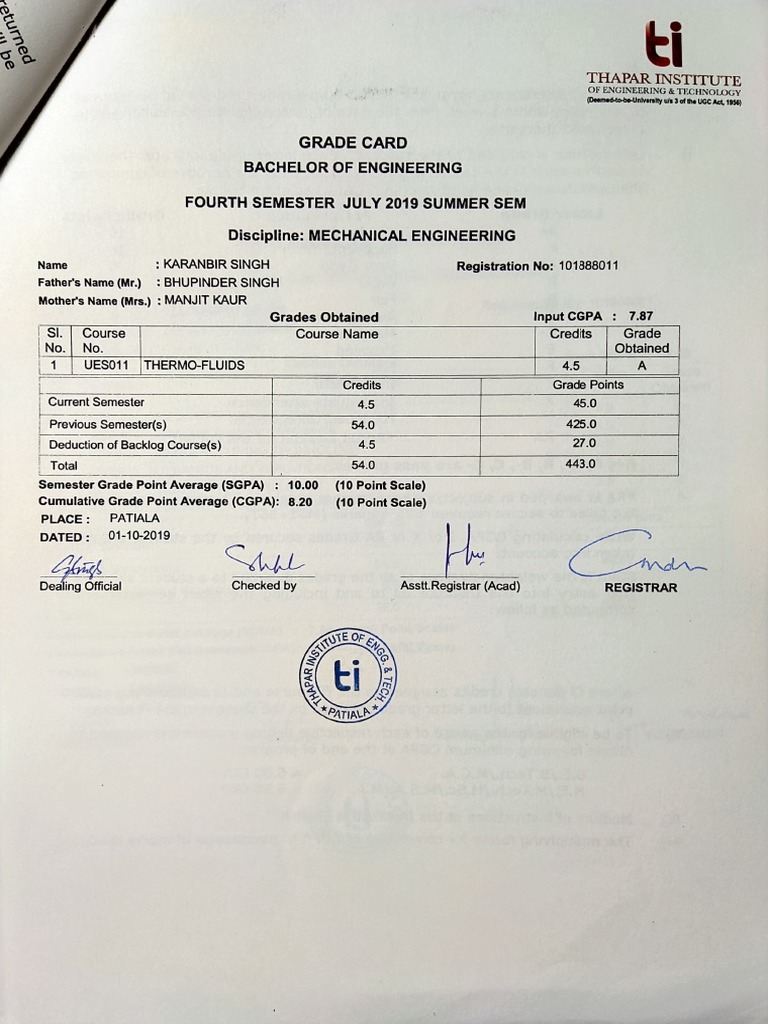 Thapar BE Summer Sem Certificate | PDF | Student Assessment And ...