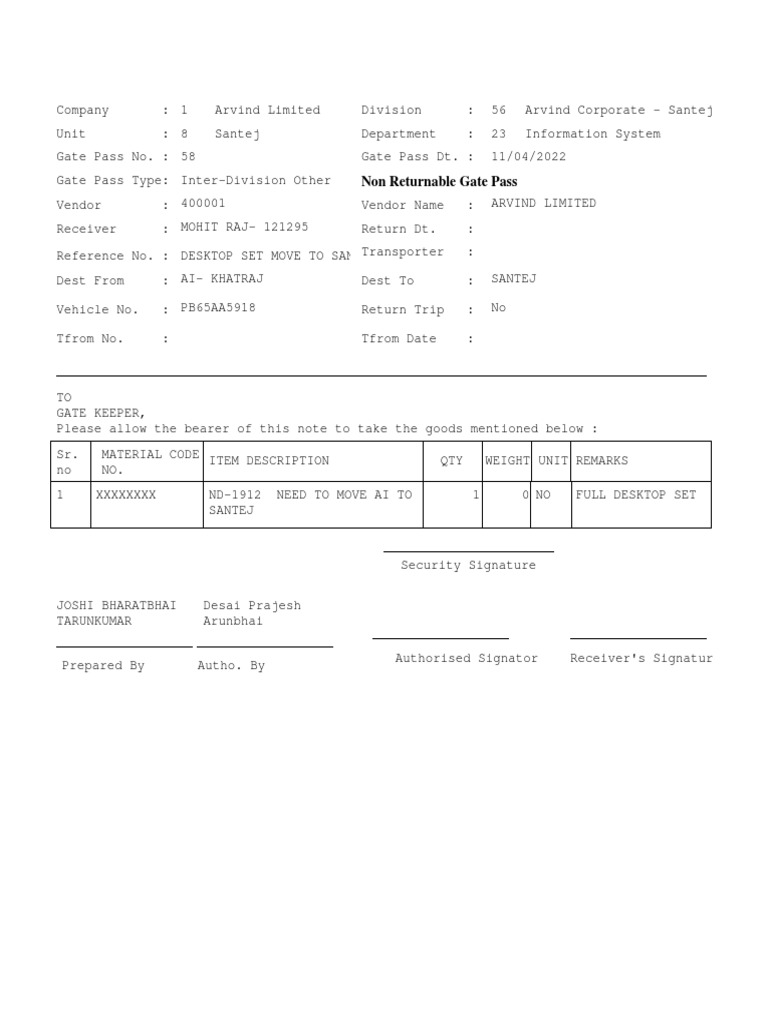 Non Returnable Gate Pass | PDF