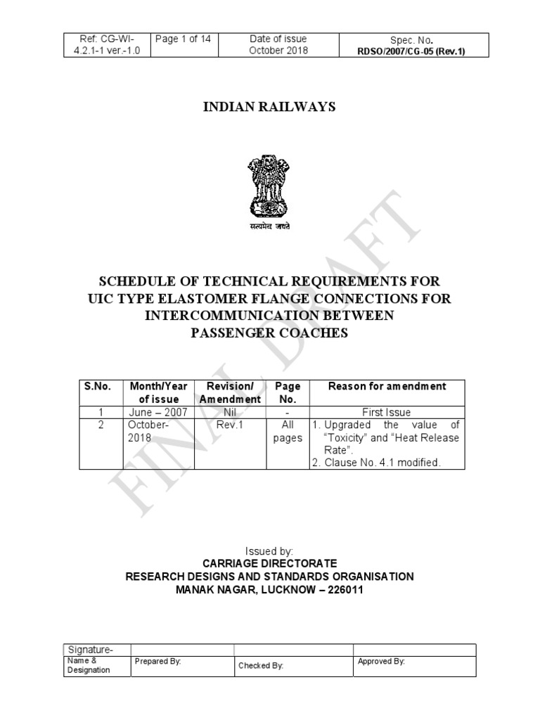 Indian Railways: Ref: CG-WI-4.2.1-1 Ver.-1.0 Page 1 of 14 Date of Issue October 2018 Spec. No ...