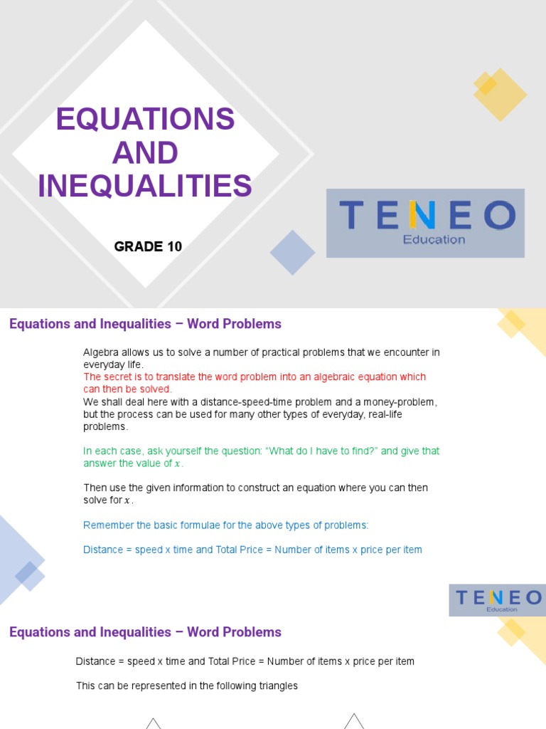 Equations and Inequalities Word Problems | PDF | Speed | Area
