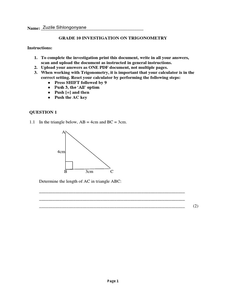 Grade 10 Investigation On Trigonometry 25 - 1 | PDF | Triangle ...