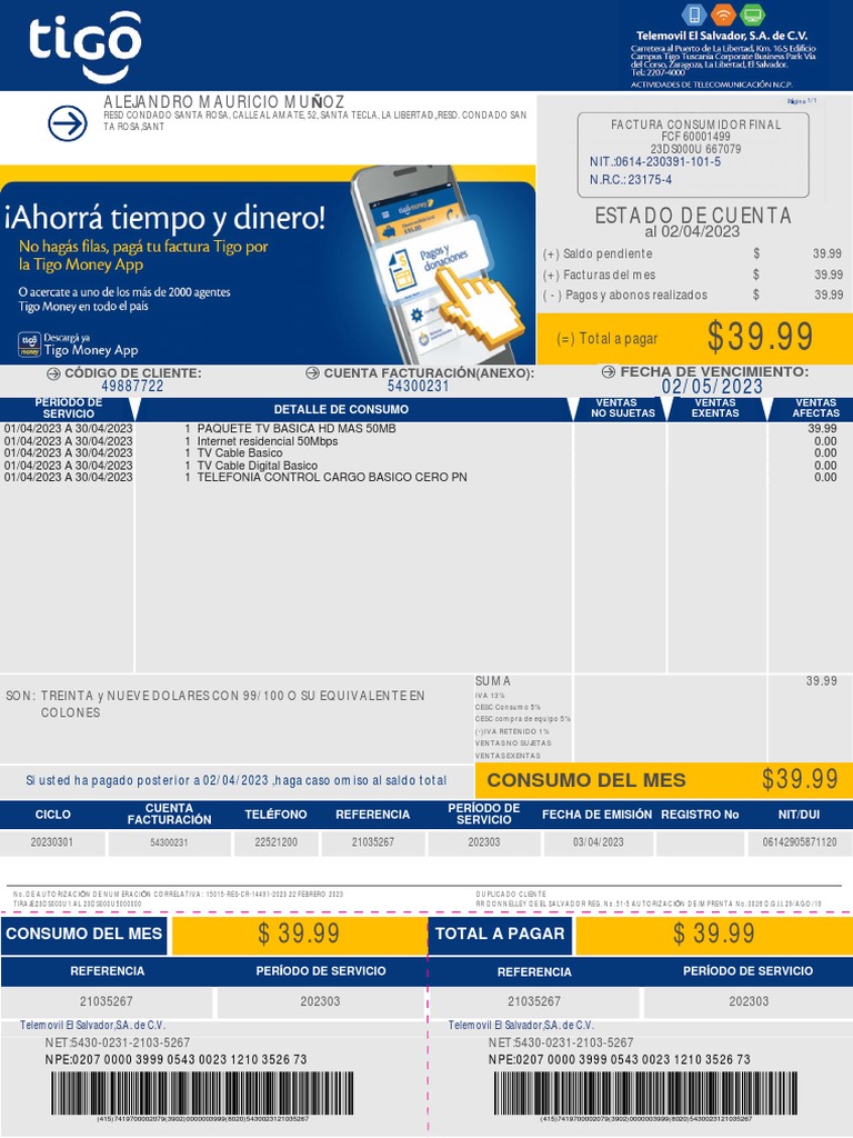 Factura de Tigo | PDF | Industrias de servicio | Telecomunicaciones