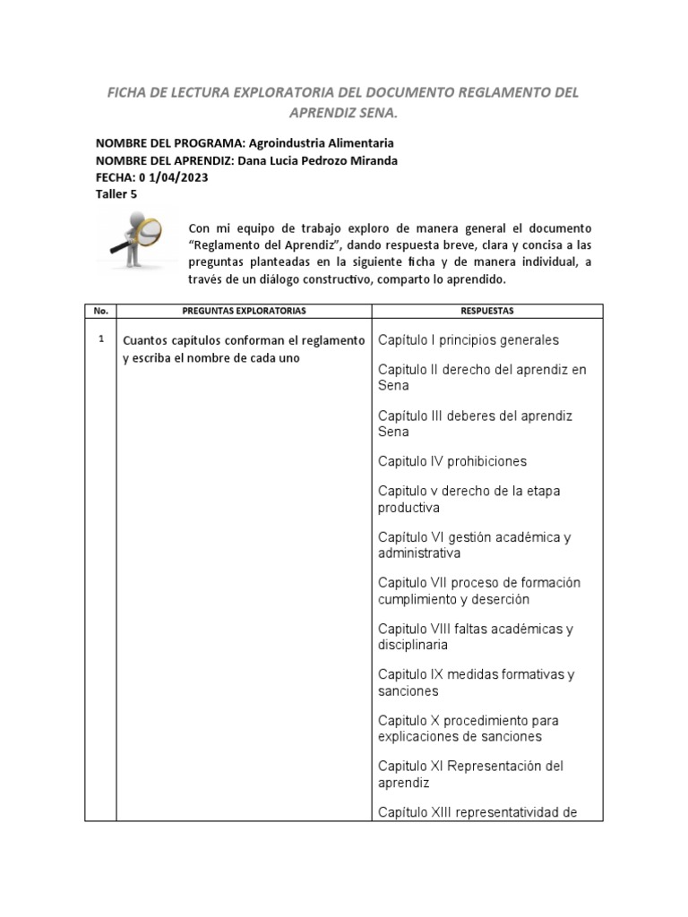 Ficha de Lectura Exploratoria Del Documento Reglamento Del Aprendiz Sena | PDF