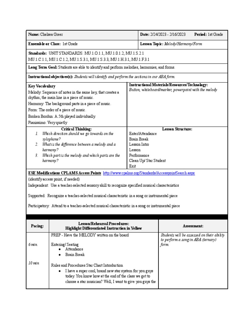 1st Grade Music Lesson: Melody & Harmony | PDF | Classroom | Cognition