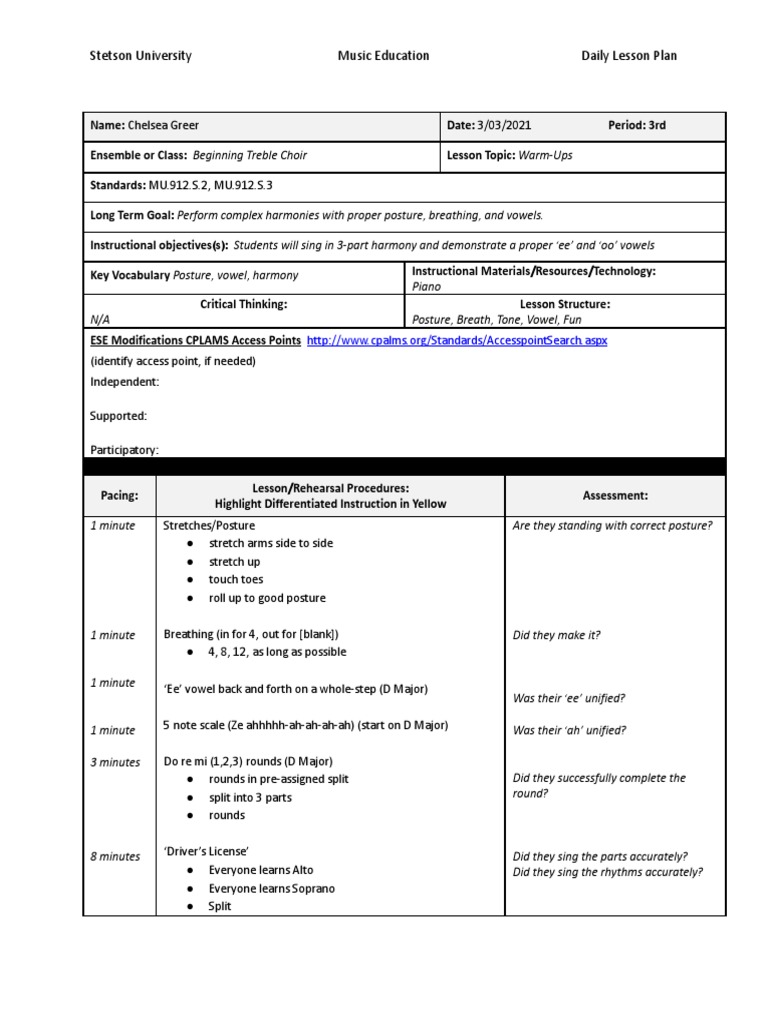 Warm-Up Lesson Plan | PDF | Lesson Plan | Differentiated Instruction