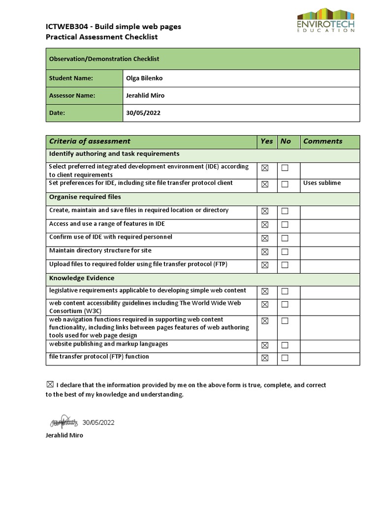P1 - PRACTICAL ASSESSMENT CHECKLIST - ICTWEB304 - Build Simple Web ...
