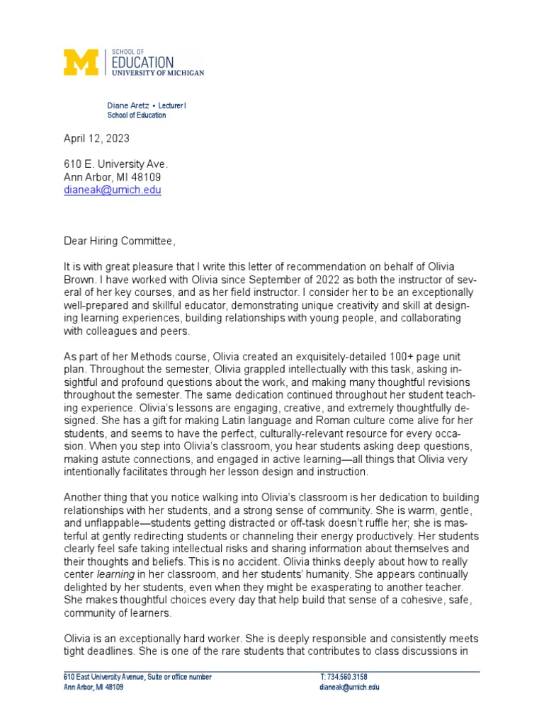 Olivia Brown Letter of Recommendation | Download Free PDF | Teachers ...
