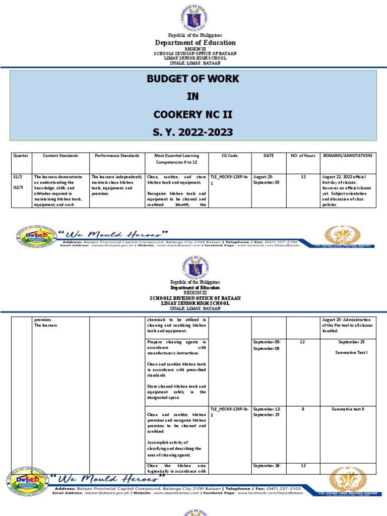 BOW_Cookery-NC-II-2022-2023 | PDF | Learning | Cognition