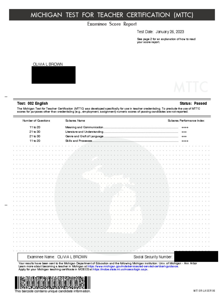 MTTC Score Report | PDF