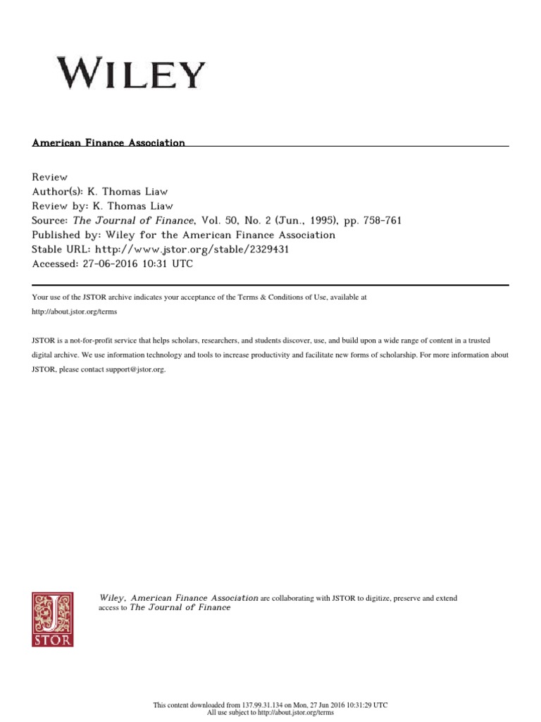 Wiley, American Finance Association The Journal of Finance | PDF | Day ...