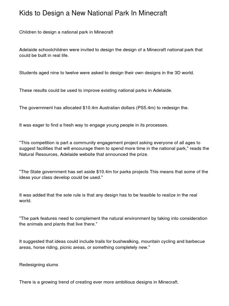 Children To Design New National Park in Minecraftfhhsv PDF | PDF ...