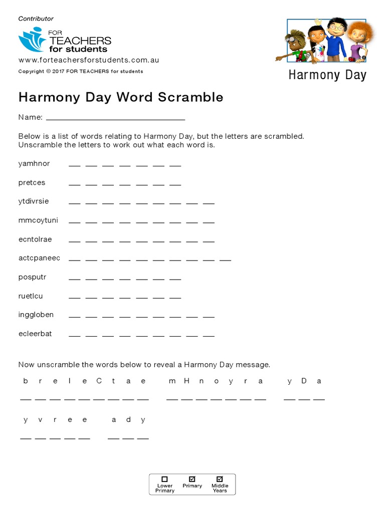 Harmony Day Word Scramble | PDF | Language Arts & Discipline
