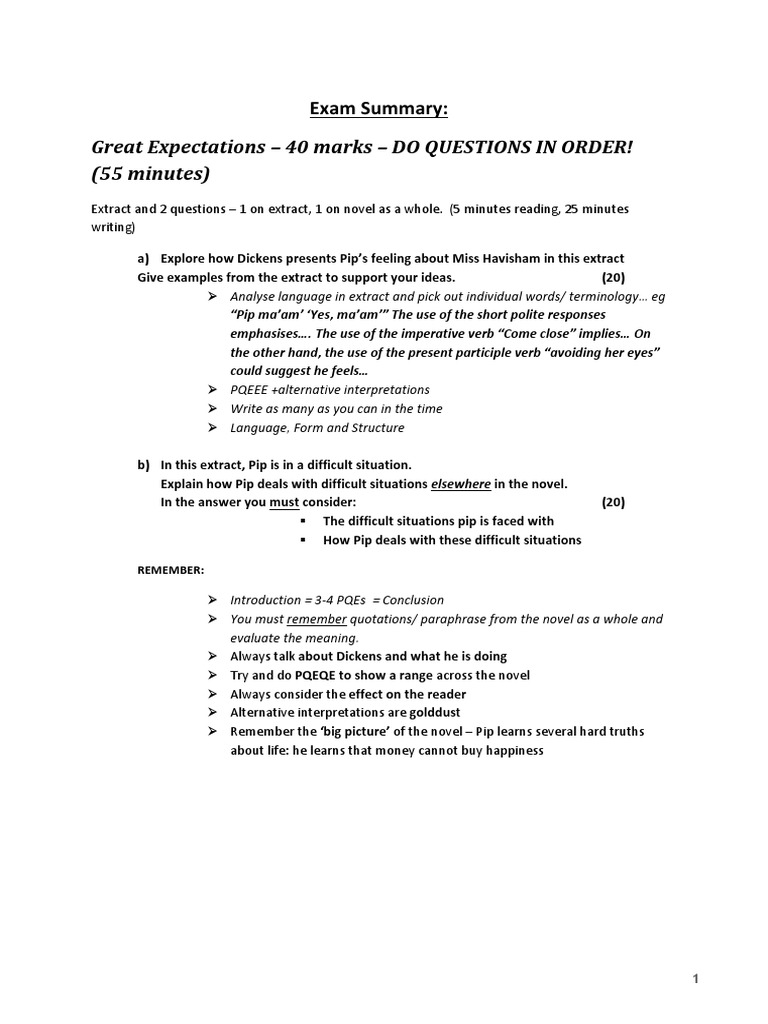 Great Expectations Exam Guide | PDF | Great Expectations | Estella ...