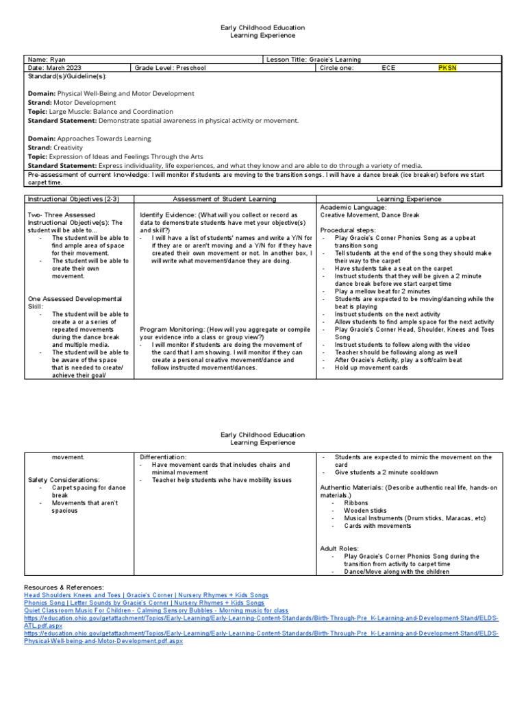 Movement Dance Lesson Plan | PDF | Learning | Cognition