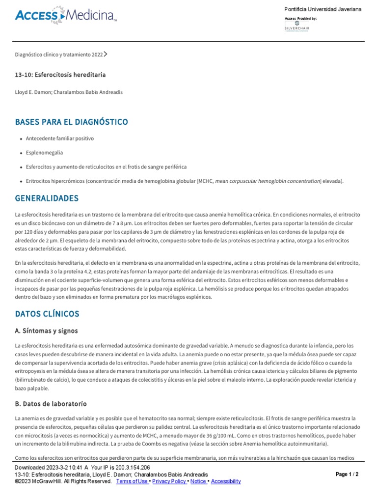 13-10 - Esferocitosis Hereditaria | PDF | Glóbulo rojo | Anemia