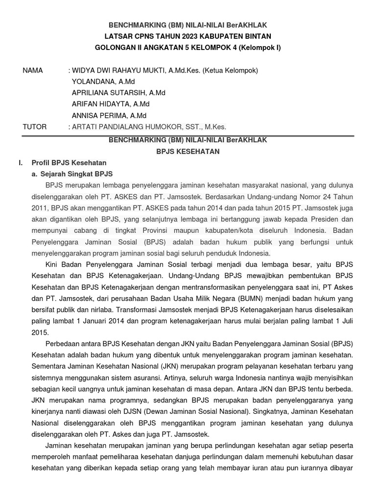 BENCHMARKING (BM) NILAI-NILAI BerAKHLAK BPJS | PDF