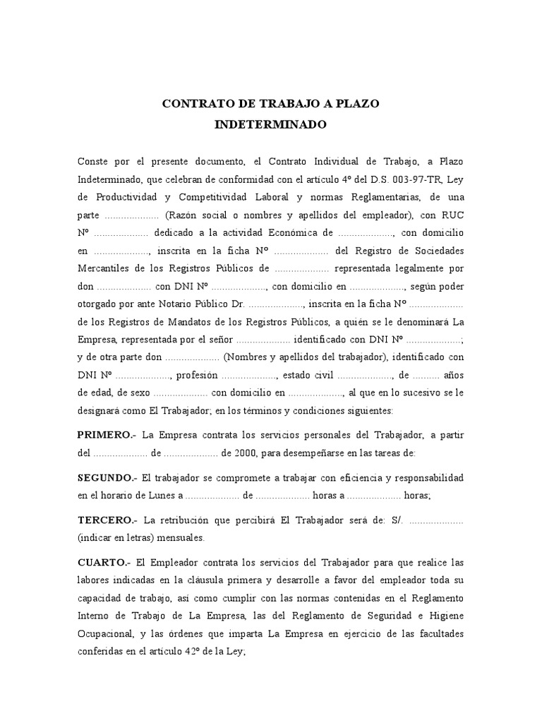 Contrato de Trabajo A Plazo Indeterminado | PDF | Derecho laboral | Economias