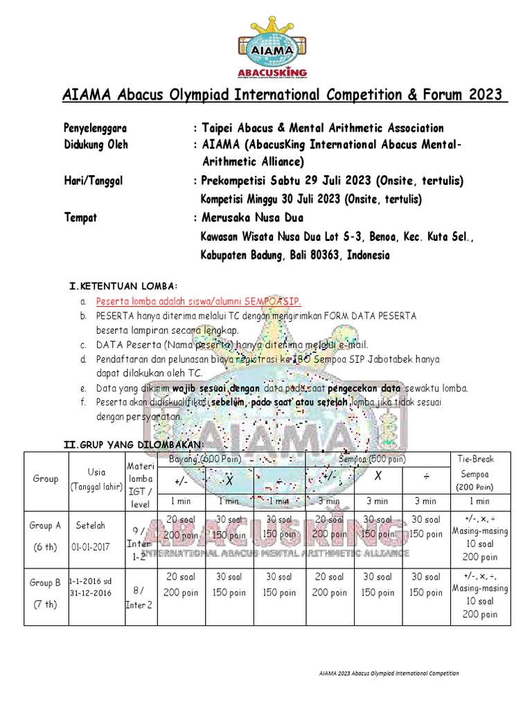 AIAMA Abacus Olympiad International Competition & Forum 2023 | PDF
