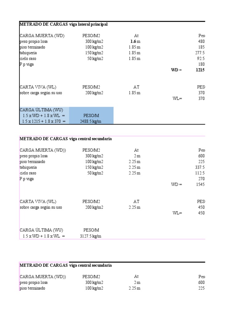 METRADO DE CARGAS Viga Lateral Principal | PDF