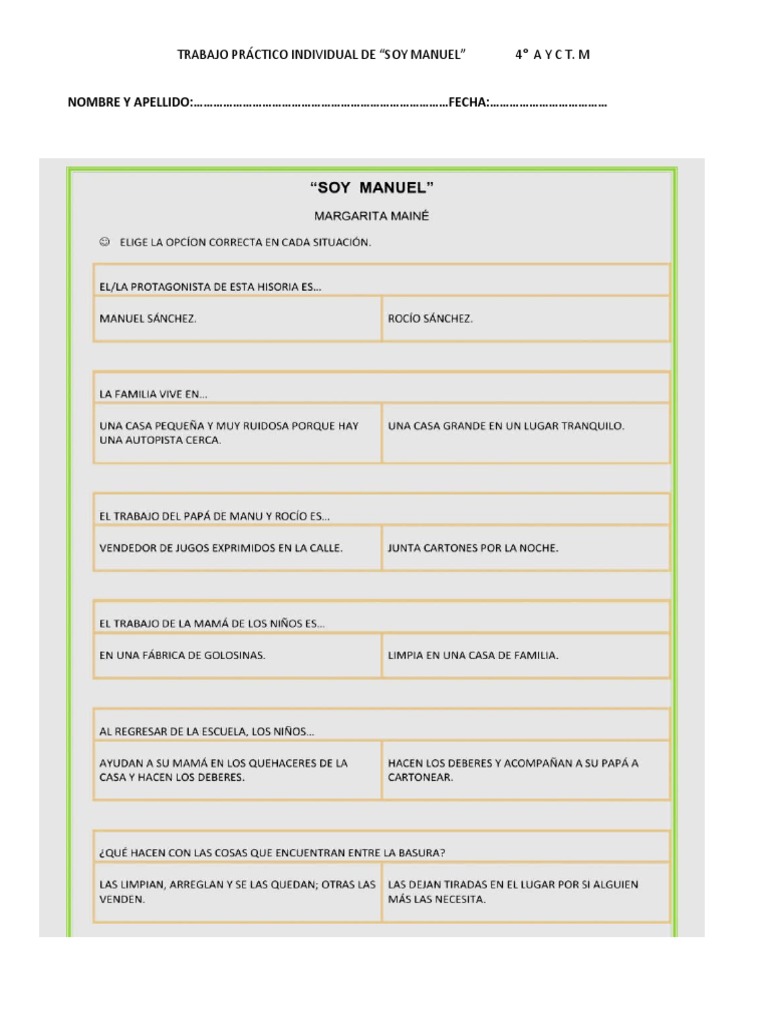 Ejercicio de Comprensión de "Soy Manuel" | PDF