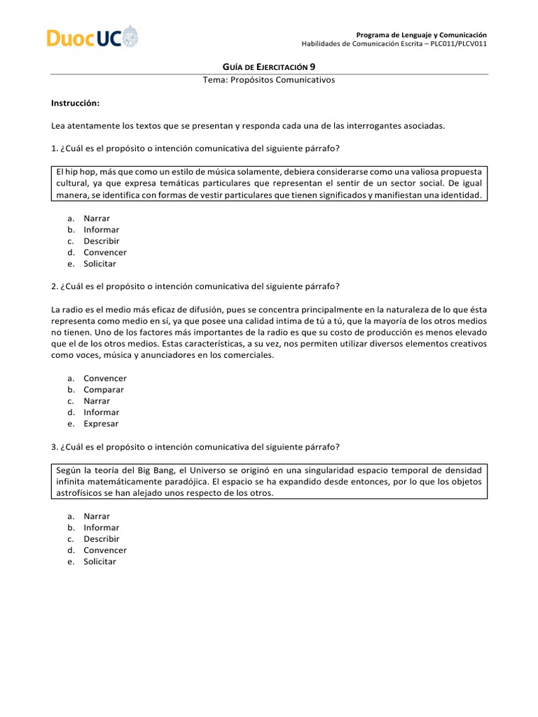 Guia 9 Propósitos Comunicativos | PDF | Comunicación