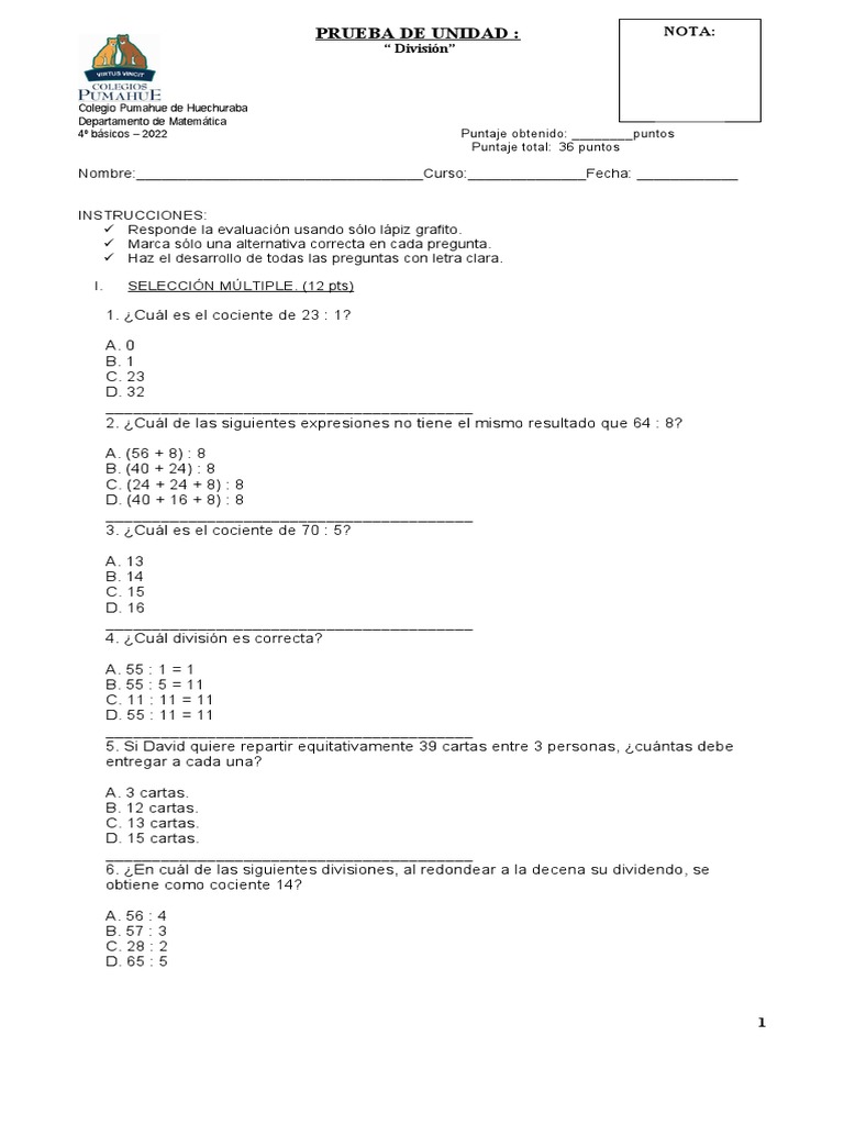 Prueba Divisiones 4to | PDF | División (Matemáticas) | Matemáticas