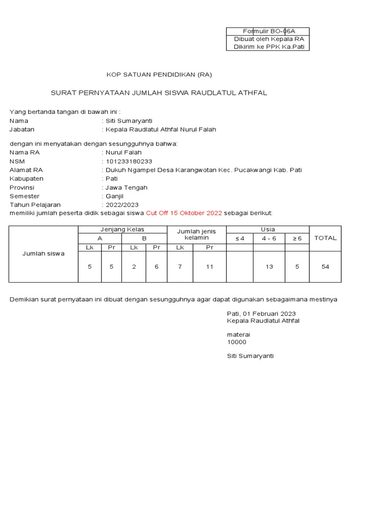 FORM-Surat Pernytaan Siswa 06A Jumlah Siswa RA | PDF