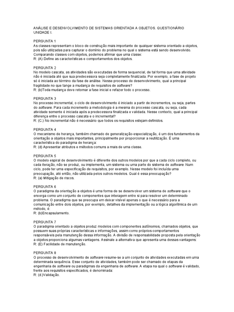 Análise e Desenvolvimento de Sistemas Orientada A Objetos Questionário ...
