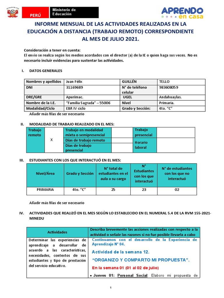 NUEVO INFORME MENSUAL JULIO 4to. D | PDF | Evaluación | Enseñando