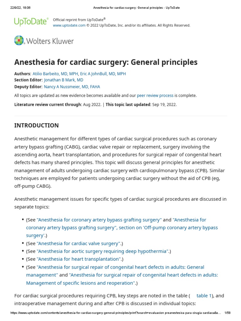 Anesthesia For Cardiac Surgery - General Principles - UpToDate | PDF ...