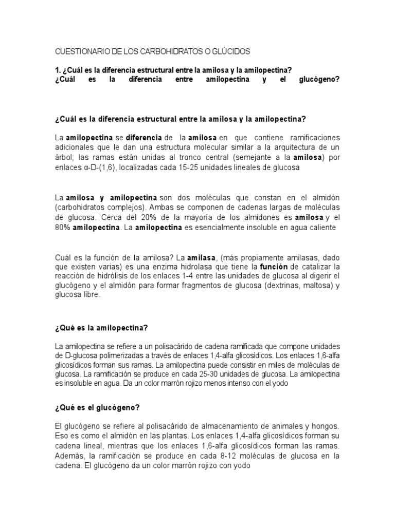 Cuestionario de Carbohidratos o Glucidos | PDF | Carbohidratos | Glucosa
