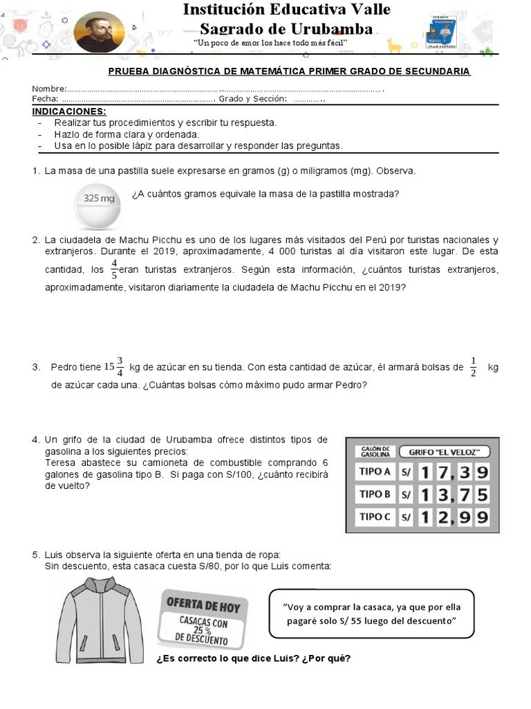 Prueba Diagnóstica Matemática 1 Secundaria | PDF