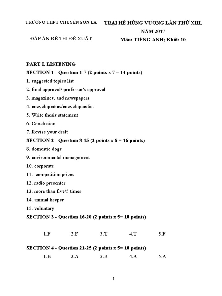 Đáp án Tiếng Anh 10. Chuyên Sơn La | PDF | Cognitive Science | Cognition