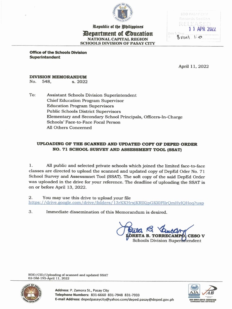 Division Memorandum No. 548, s.2022 - Uploading of The Scanned and Updated Copy of DepEd Order ...